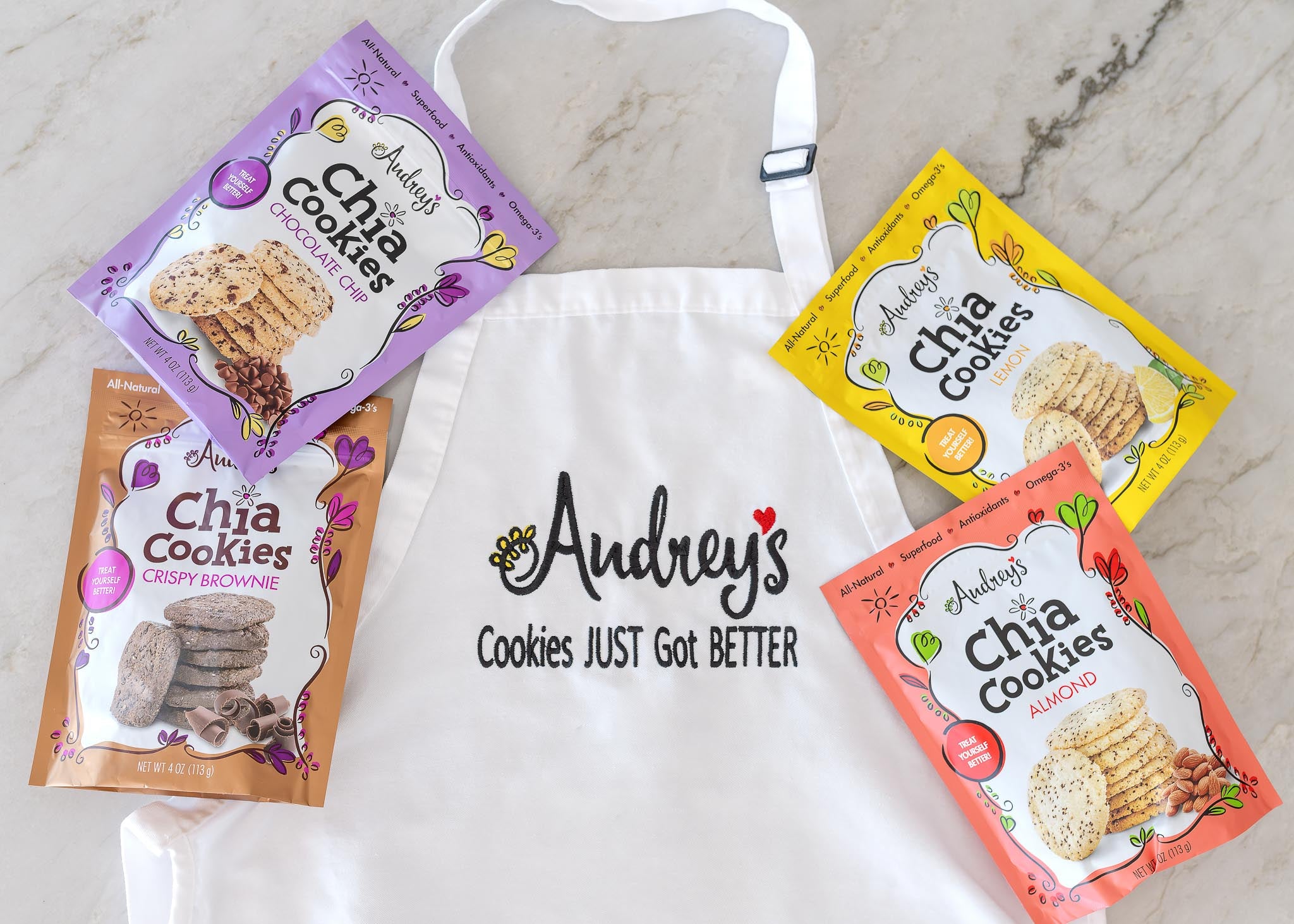 Audrey's Chia Cookies. Superfood. Super Cookie. Treat Yourself Better.